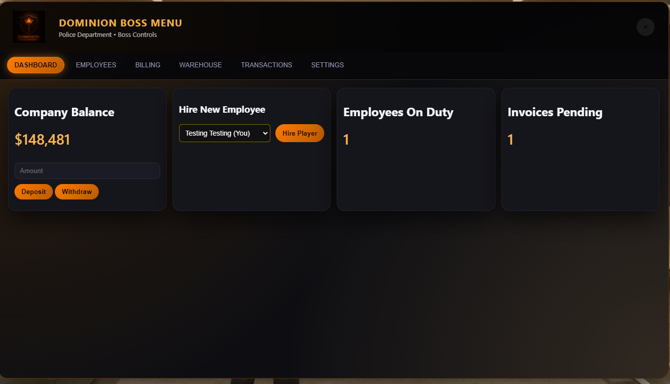 Dominion Development · Dominion Boss Menu