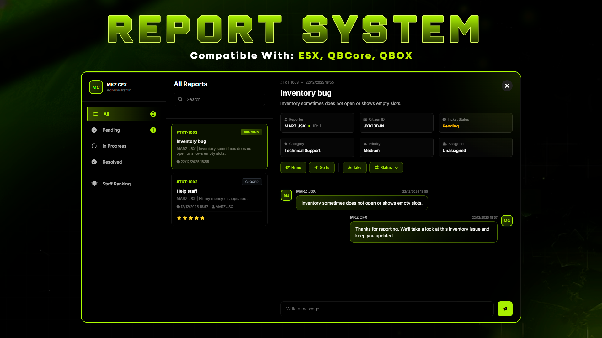 MZ Reports – Advanced Staff Report System for FiveM (ESX, QB-Core ...