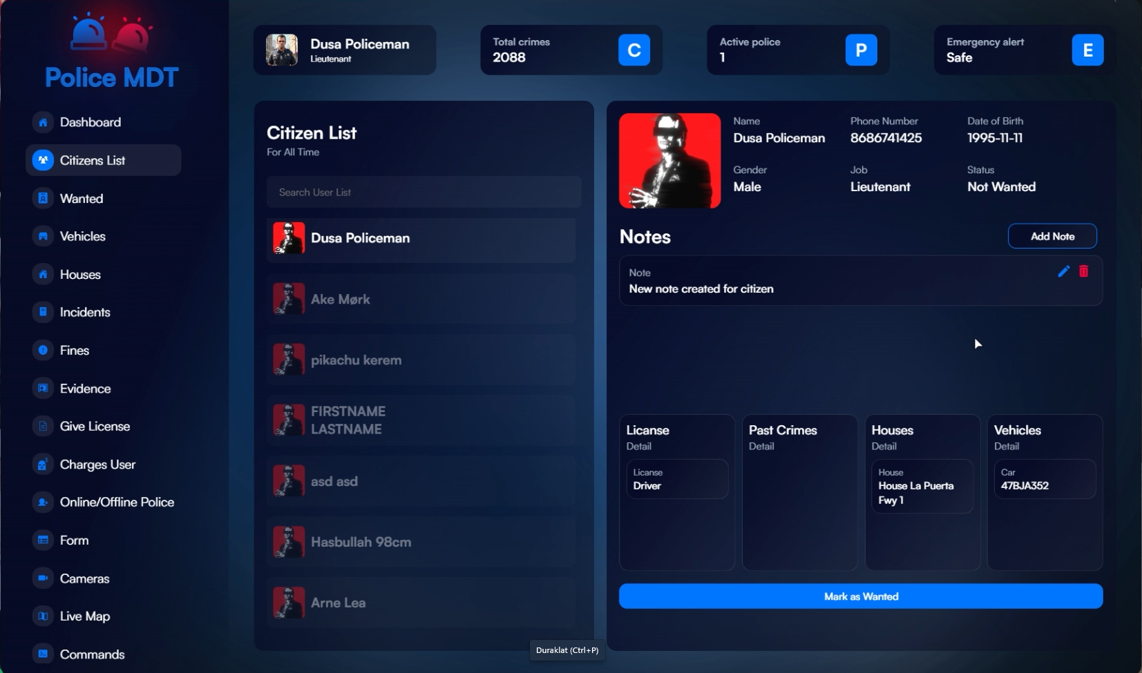 Dusa | Police MDT | Mugshot + Camera