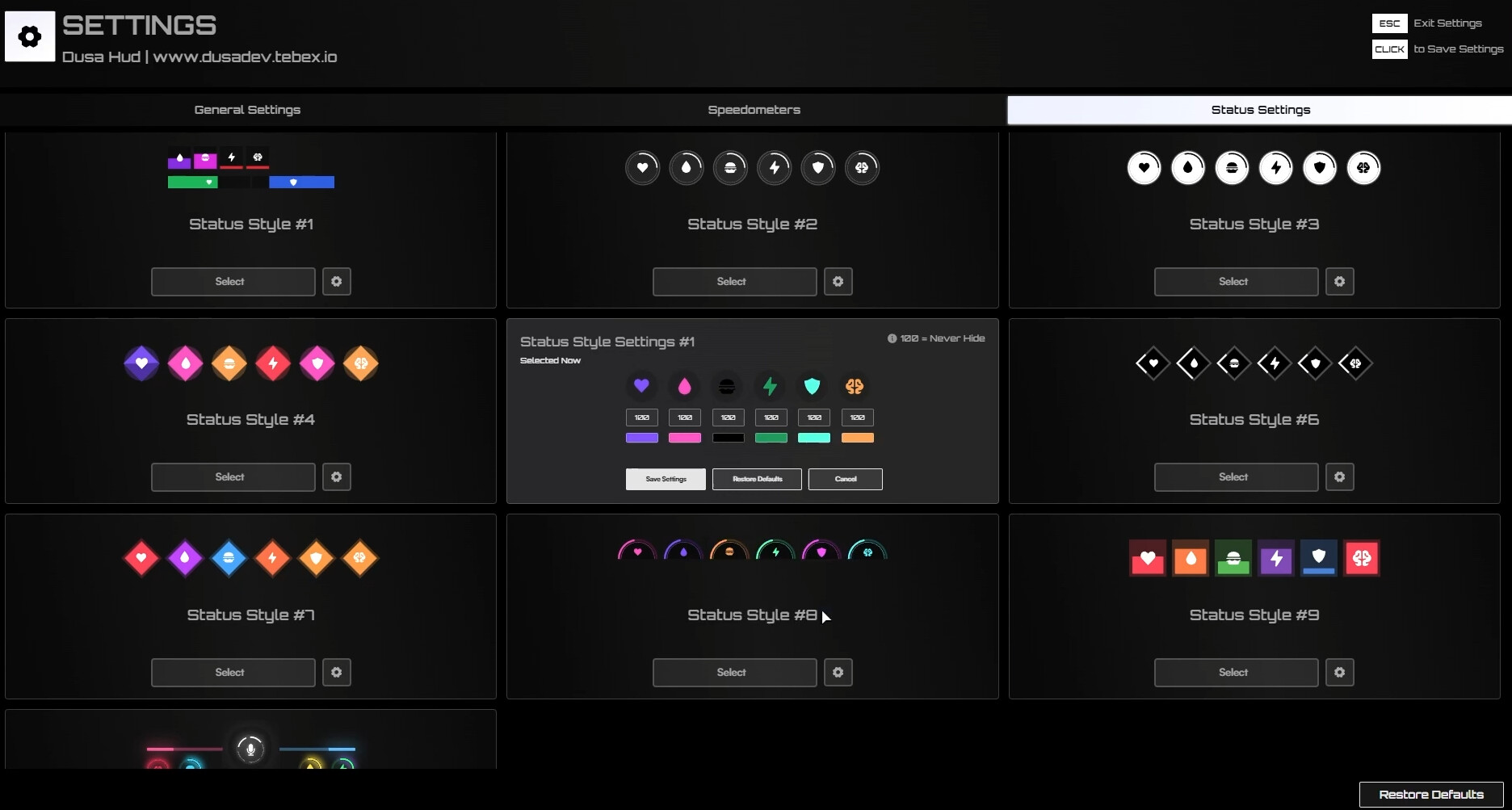 Dusa | Hud | 10 Status, 10 Speedometer Variations